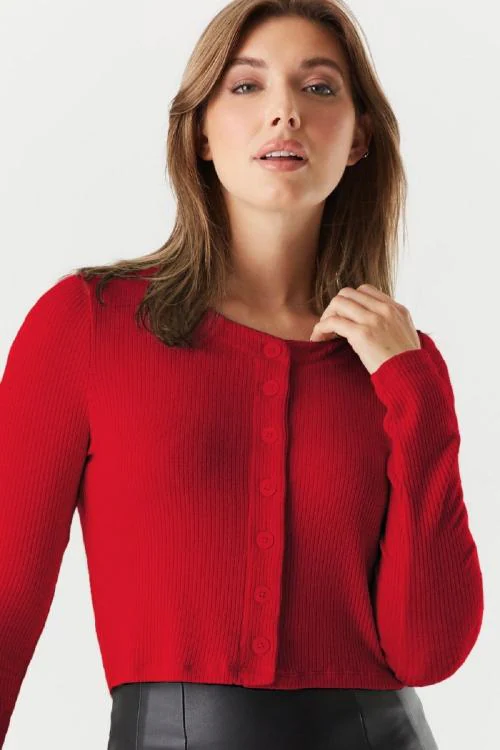 Buy SIGHTBOMB Women Red Ribbed Full Sleeves Cardigan Online at Best ...