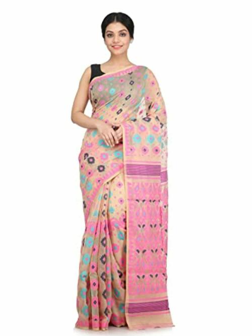 Buy PinkLoom Women Beige Woven Pure Cotton Jamdani Saree without Blouse Piece Online at Best ...
