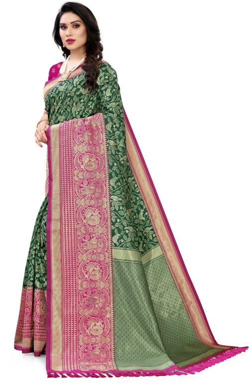 Buy Serona Fabrics Women Green Printed Silk Blend Regular Saree Online ...