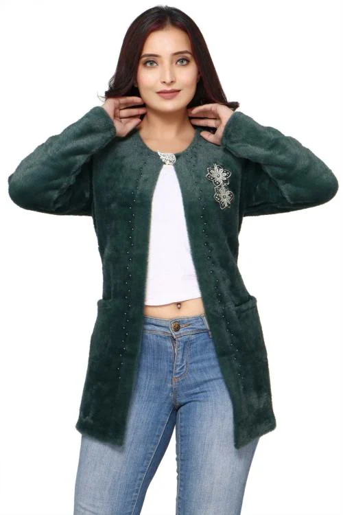 Buy SEWISTA Women Straight Full Sleeve Dark Green Shrug Online at Best ...