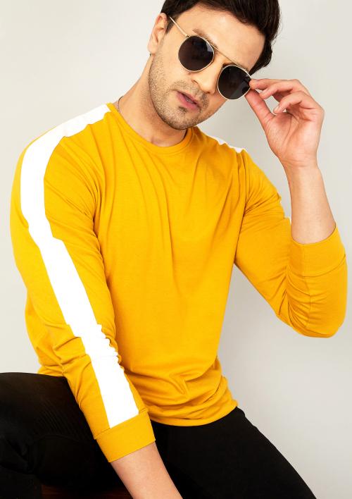 Buy Ausk Mustard & White Striped Round Neck Full Sleeve T-Shirt Online ...