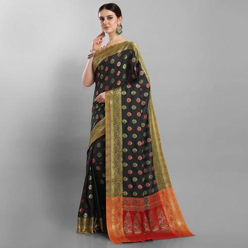 Buy AKSHARAM Women Black Woven Silk Blend Bollywood Saree Online at ...