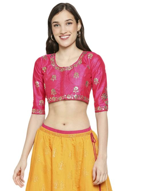 Buy Salwar Studio Women's Pink Cotton Blend Gota embroidered Readymade Saree Blouse Online at ...