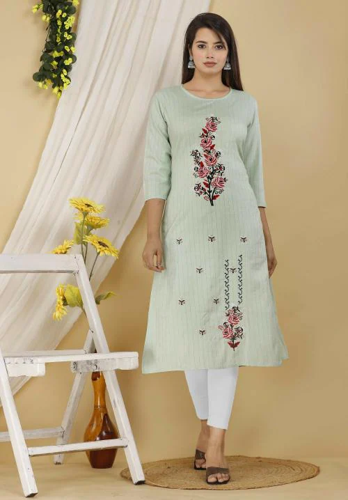 Buy Mehsoos Women Green Embroidered Art Silk Straight Kurta (Large ...