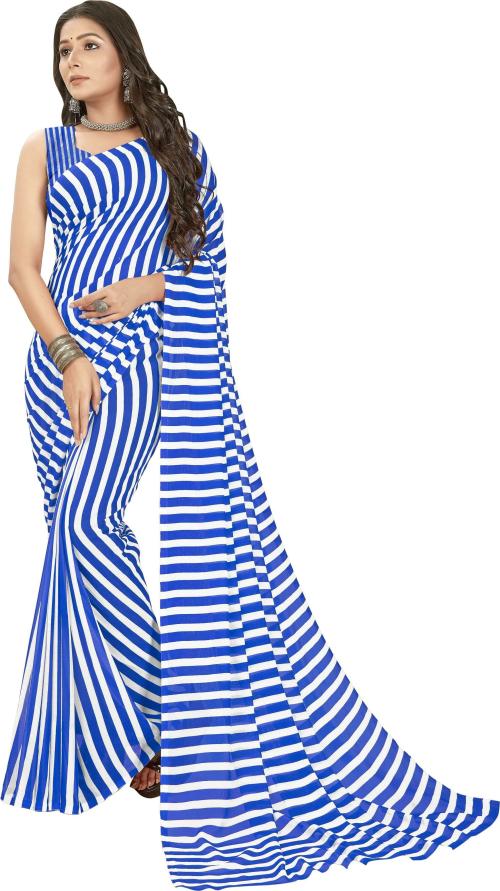 Buy Anand Women Blue Striped Georgette Single Saree Online at Best ...