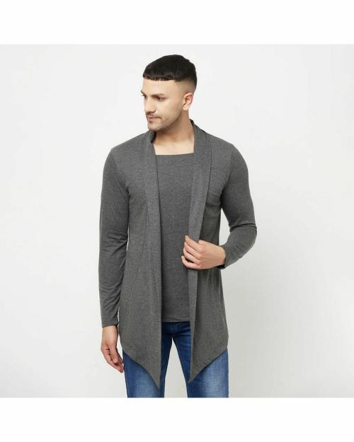 Buy GLITO Solid Dark Grey Full Sleeves Shawl Collar Cardigan For Men's ...