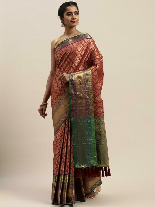 Buy VASTRANAND Women Maroon Cotton Silk Woven Design Saree Online at ...