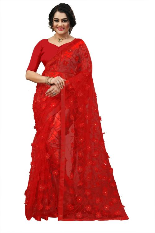 Buy N V Patel Women Red Embroidered Net Bollywood Saree Online at Best ...