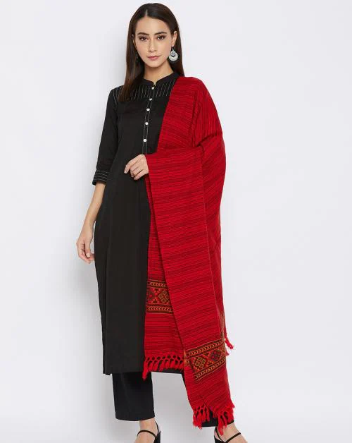 Buy Vero Amore Women's Red Kullu Design Jacquard Shawl has a fringed ...