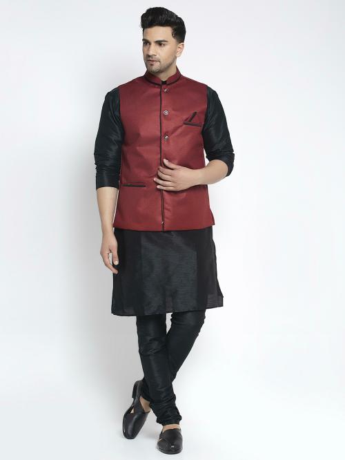 Buy Benstoke Men's Silk Blend Black Kurta With Pyjama & Maroon Nehru ...