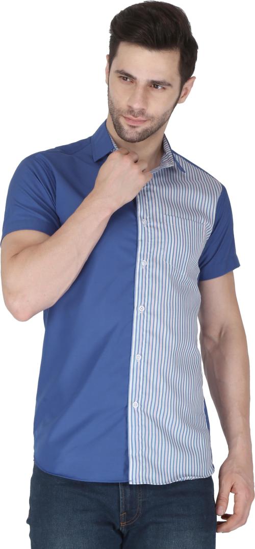 Buy PP SHIRTS Men Blue Solid Cotton Blend Spread Casual Shirt (L ...