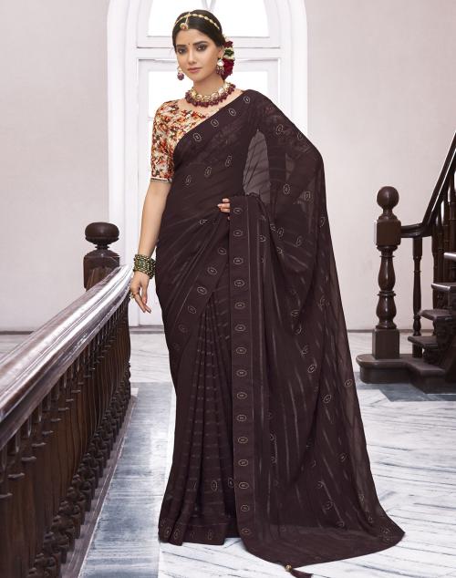 Buy Satrani Georgette Brown Color Saree with Blouse piece Online at ...