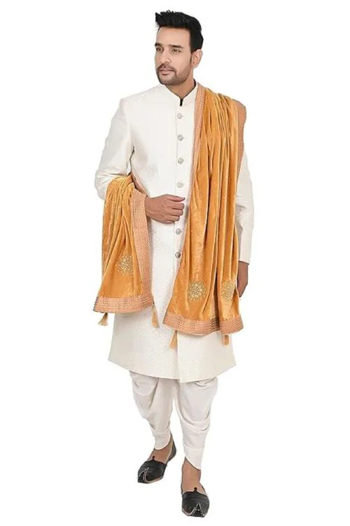 Buy Sneh Men's Velvet Heavy Stone Work Stole with Tassels (Golden,Free ...