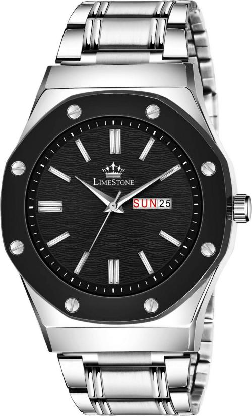 Buy Limestone Day and Date Function Black Dial Silver Strap Analog ...