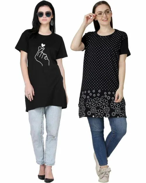 Buy RG TRENDS Women Black Printed Cotton Blend T-Shirt (Pack of 2 ...