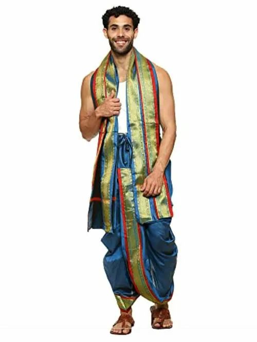 Buy Rameshwaram Fabrics Men Blue Silk Dhoti with Stole Set Online at ...