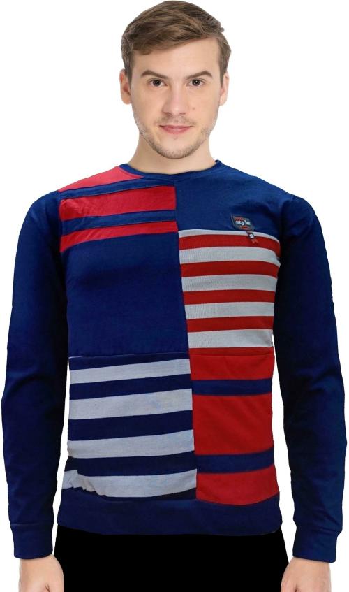 Buy RDS GARMENT HUB Men Dark Blue Cotton Blend Striped Tshirt (M ...