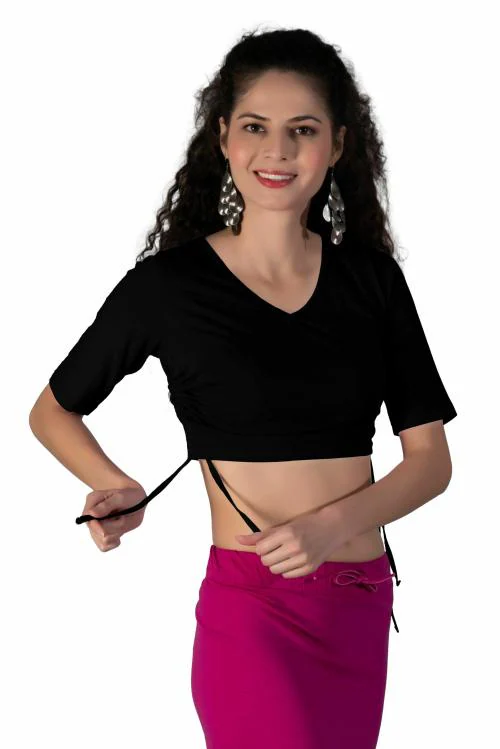 Buy THE BLAZZE B4072 Women Cotton V Neck Elbow Sleeves Adjustable Drawstring Crop Tops Black ...