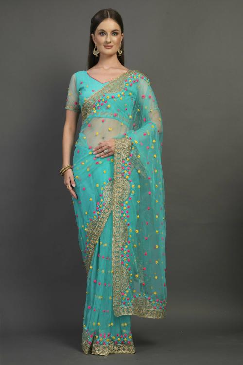 Buy Yara Creation Women Firozi Embroidered Net Bollywood Cut Work Saree ...