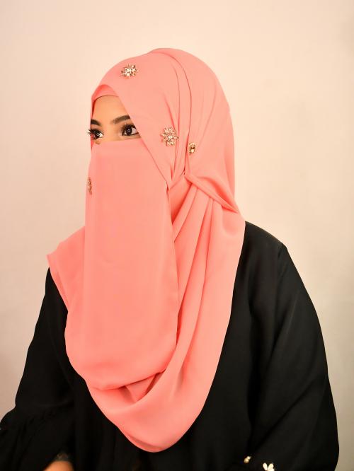 Buy WRAP MY HIJAB Peach Luxury Bridal Wedding Wear Hijab Scarf With ...