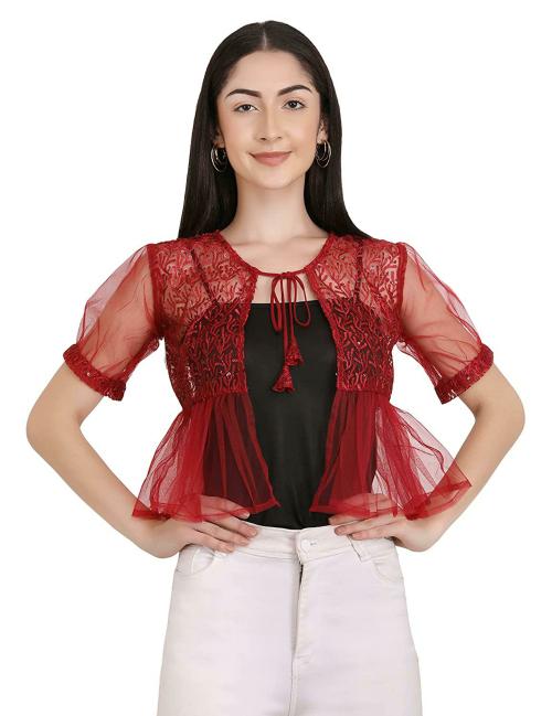 Buy UNFAKENOW Women Maroon Net Floral Shrug Online at Best Prices in ...