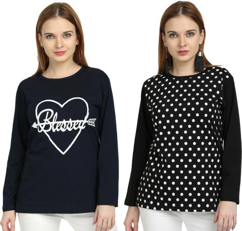 Buy CHOZI Women Black Printed Cotton Blend Pack of 2 T-Shirt Online at ...