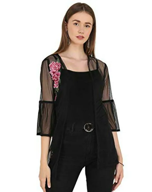 Buy UNFAKENOW Women Black Net Embroidered Shrug Online at Best Prices ...