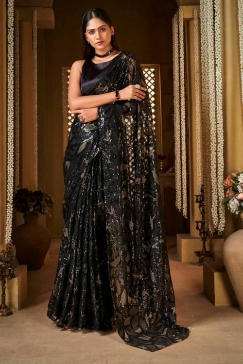 Buy Hari Mirch Premium Black Color Georgette All Over Beautiful Sequins ...