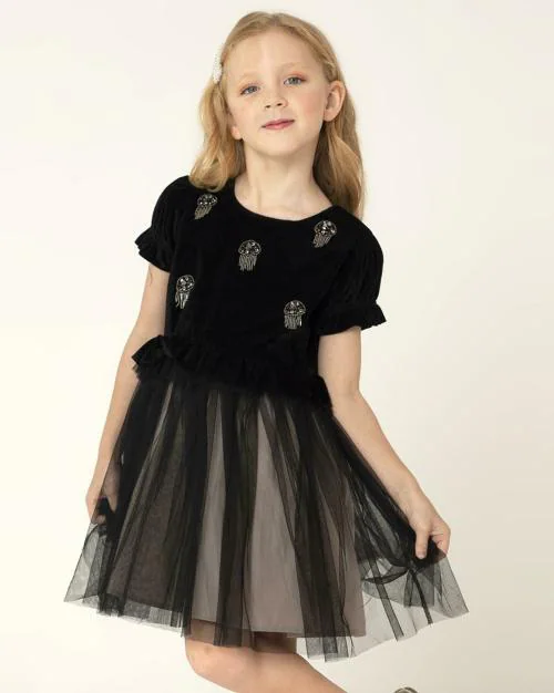 Buy Cherry Crumble by Nitt Hyman Girls Black Solid Polyester Dress ...