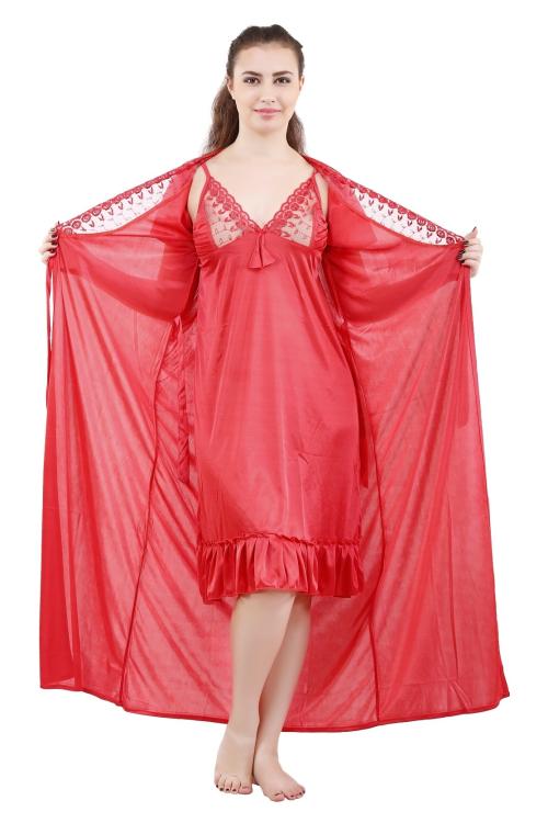 Buy Romaisa Women's Red Satin Solid Maxi Length Nighty with Robe (Free ...