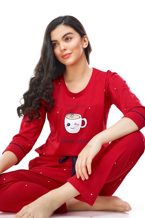 Buy ZEYO Women's Cotton Dot Printed Red Night Suit Set of Top & Pyjama ...