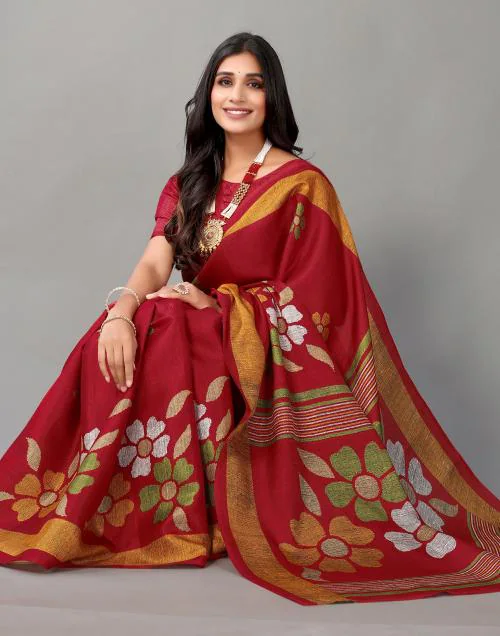 Buy Siril Khadi Red Color Khadi Saree with Blouse piece | sarees for ...