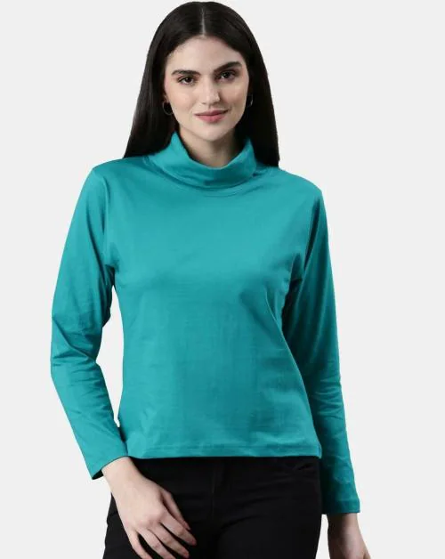Buy Kryptic womens Teal blue Solid cotton High neck T Shirt Online at ...