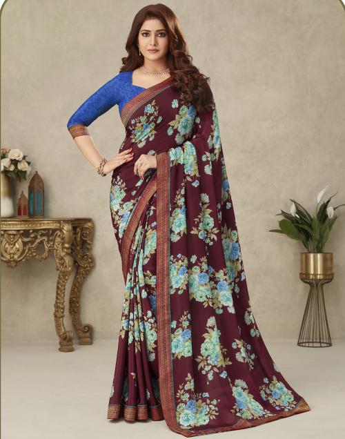Buy Satrani Crepe & Silk Blend Maroon Color Saree with Blouse piece ...