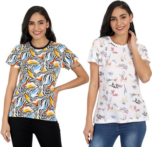 Buy CHOZI Women White Printed Cotton Blend Pack of 2 T-Shirt Online at ...