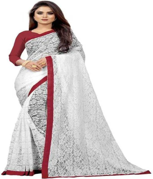 Buy Aruna Sarees Self Design Bollywood Net Saree (White) Online at Best ...