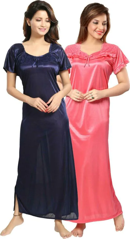 Buy Be You Women Peach, Navy Solid, Self Design Satin Nighty Online at ...
