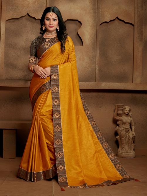 SWIFFIN Premium Collection Vichitra Silk Banarasi Yellow Saree For ...