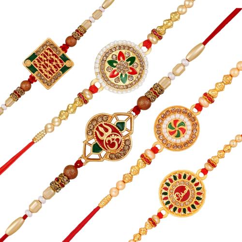 Buy Stefan Matt Gold Plated Multicolored Combo of 5 Om Trishul & Floral Rakhis for Bhai ...