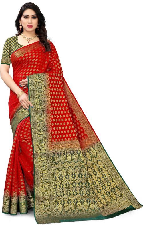 Buy Serona Fabrics Women Red Self Design Jacquard Regular Saree Online ...