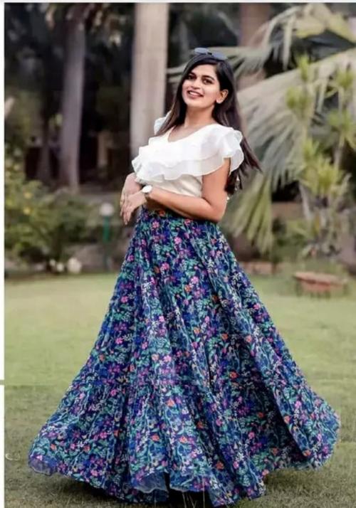 Buy Jesvi Women Blue Floral Print Georgette Semi Stitched Lehenga and Crop Top - Free Size ...