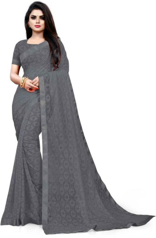 Buy VANRAJ CREATION Women Grey Self Design Net Saree Online at Best ...