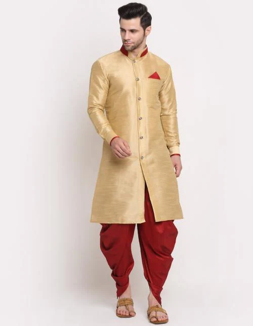 Buy Benstoke Men's Gold & Maroon Silk Blend Solid Kurta with Dhoti Pant ...