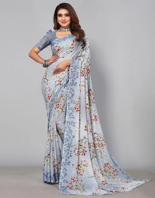Buy Siril Georgette Grey Color Saree with Blouse piece | sarees for ...