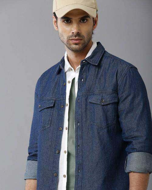 Buy Prototype Men Blue Solid Denim Casual Shirt (Xl) Online at Best ...
