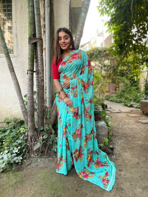 Buy Anand Women Light Blue Floral Georgette Single Saree Online at Best ...