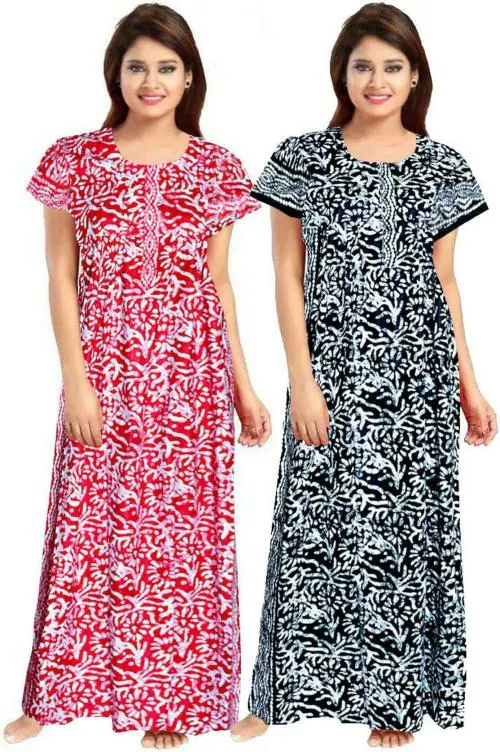 Buy Mudrika Women Multicolor Floral Pure Cotton Pack of 2 Nighty Online ...