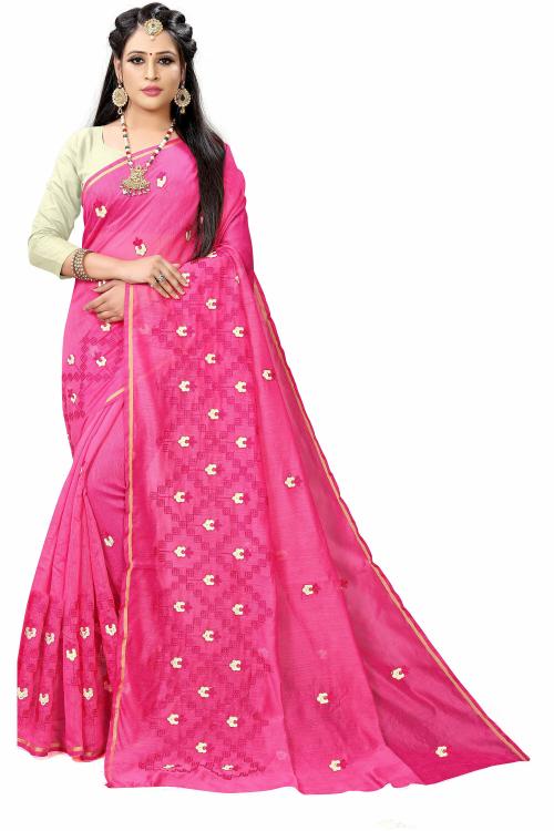 Buy SAREYA VEELA Fashion Women Pink Embroidered Cotton Blend Sarees ...