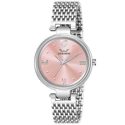 Buy LOUIS DEVIN Analog Pink Dial Silver Stainless Steel Mesh Chain ...