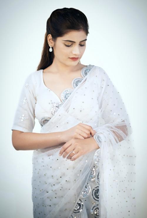 Buy Wardrobe luxury by shreya women's white Net Sequin Saree with mirror work blouse piece ...